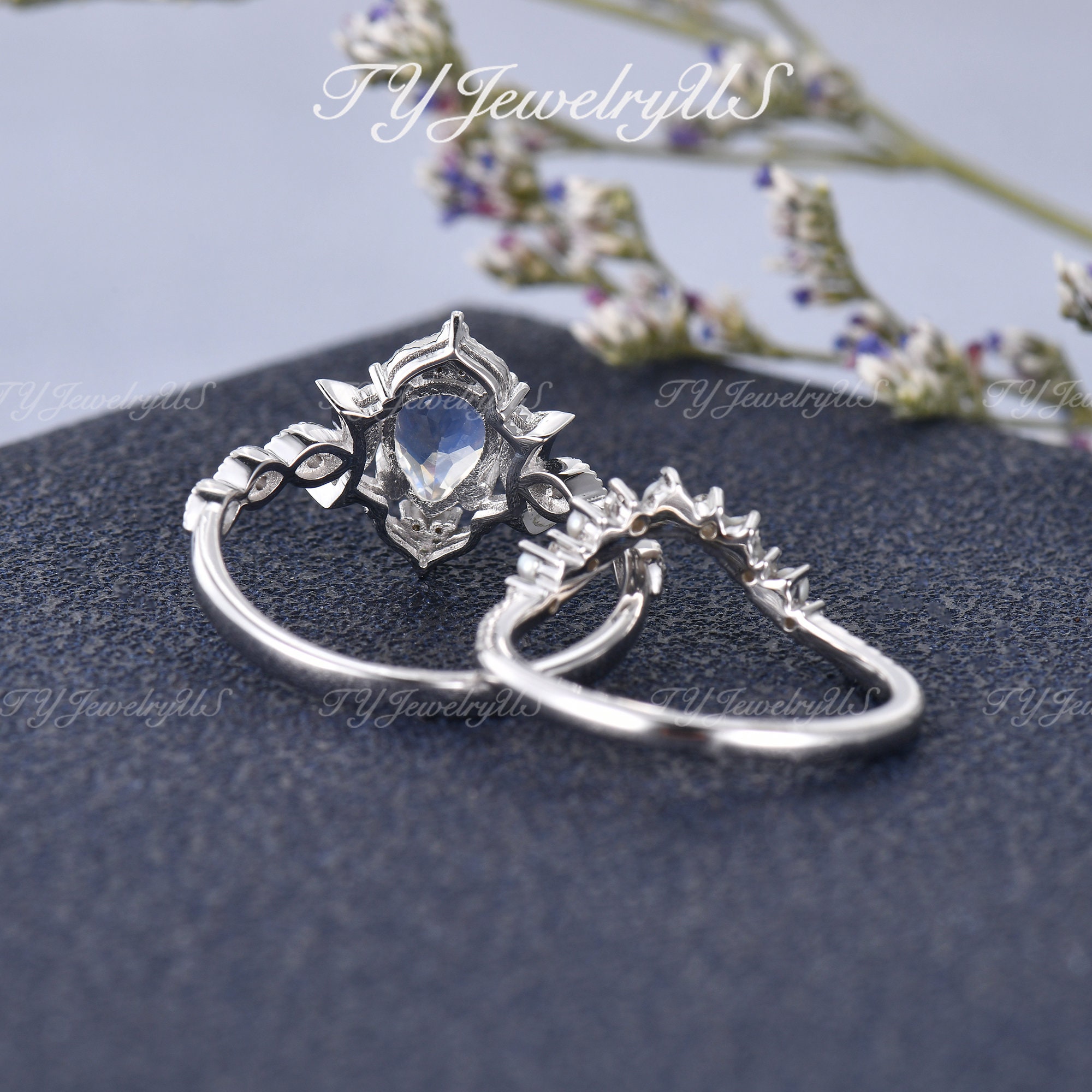 Sailor Moon Engagement Ring Set Pear Shaped Natural Moonstone - Etsy