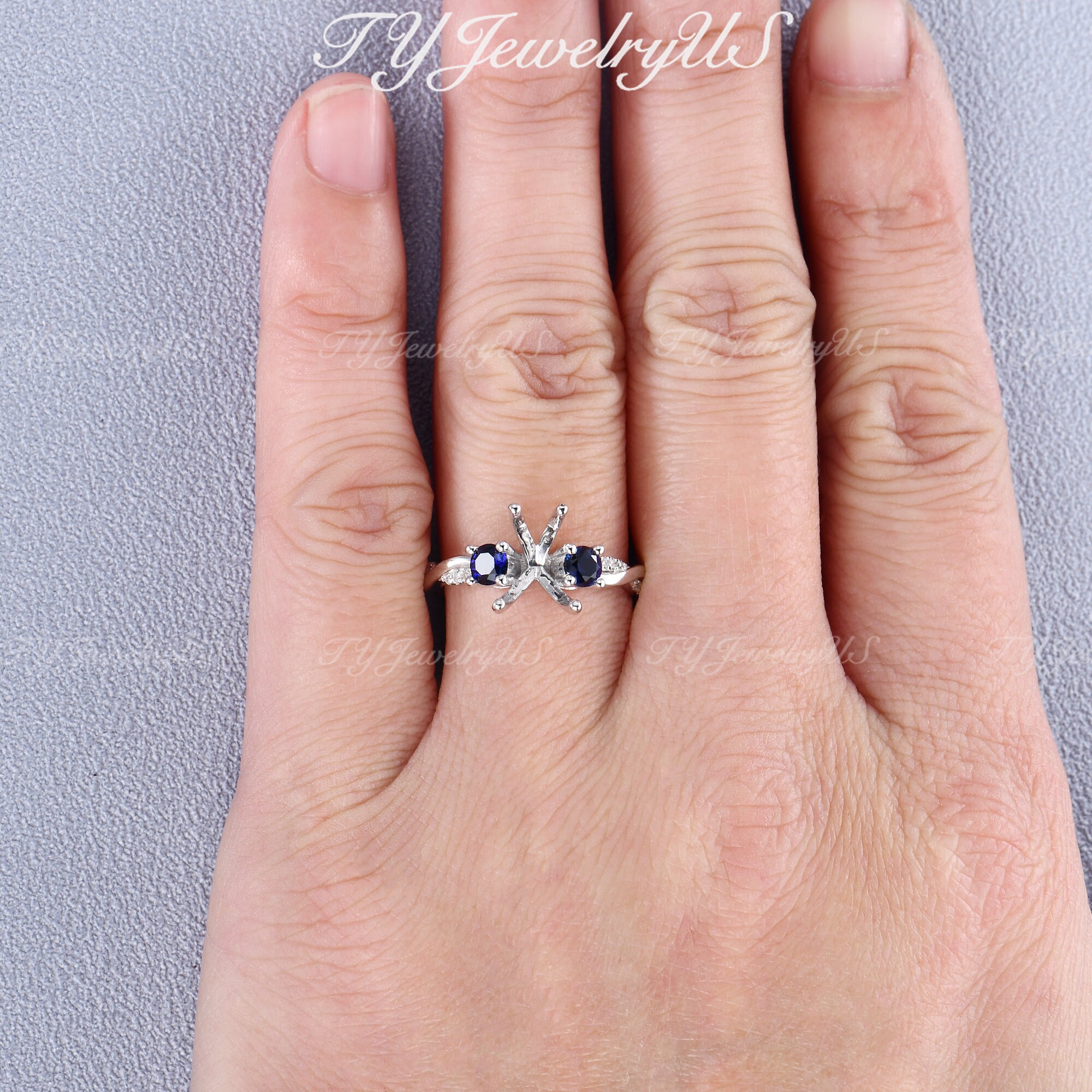 White Gold Engagement Ring Setting Three Stone Lab Sapphire - Etsy