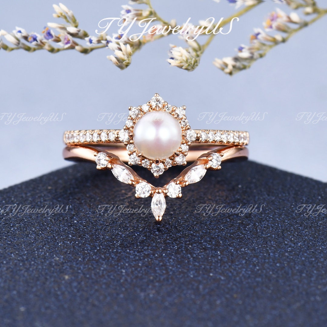 Pearl Engagement Ring Set Woman Rose Gold Natural Akoya Pearl Bridal ...