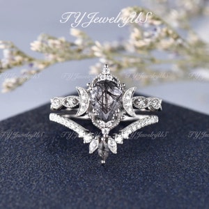 Black Crystal Engagement Ring Set White Gold Bridal Set Cluster Quartz ...