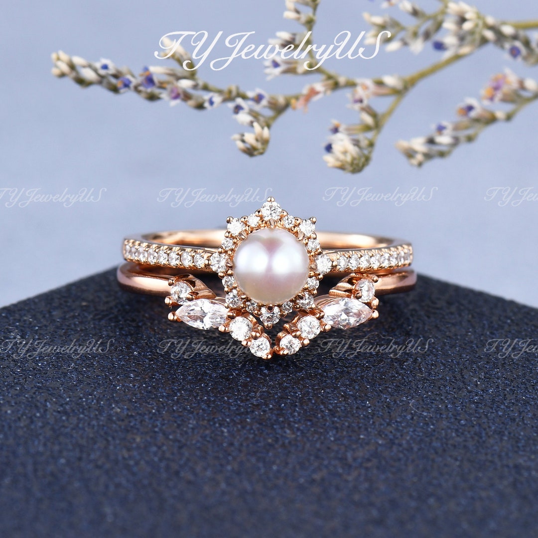 Pearl Engagement Ring Set 5mm Natural Pearl Bridal Set Rose Gold ...