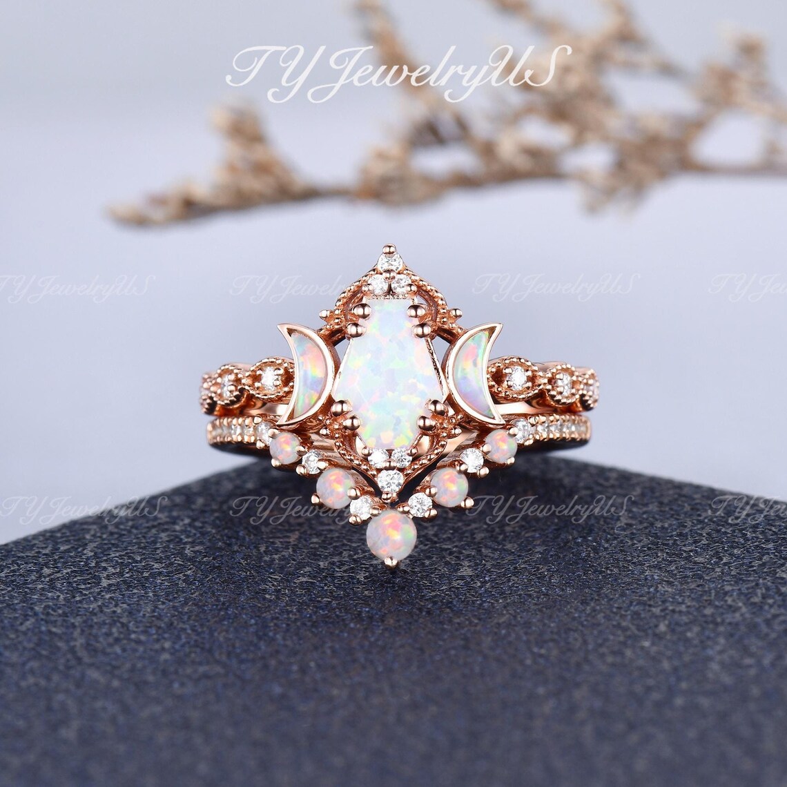 Coffin Cut Opal Engagement Ring Set Rose Gold Moon Bridal Set Fire ...