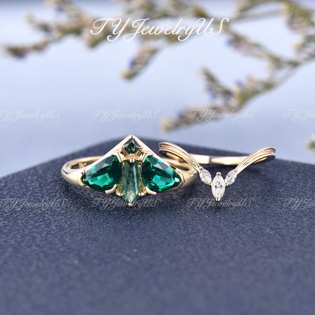 Art Deco Moth Ring Yellow Gold Trillion Shaped Lab Emerald Engagement ...