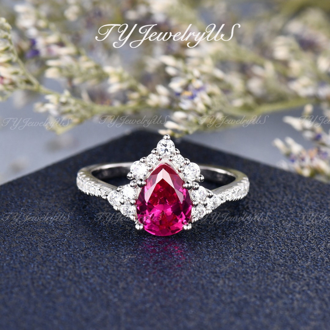 White Gold Ruby Engagement Ring Vintage Half Halo Diamond Bridal Ring ...