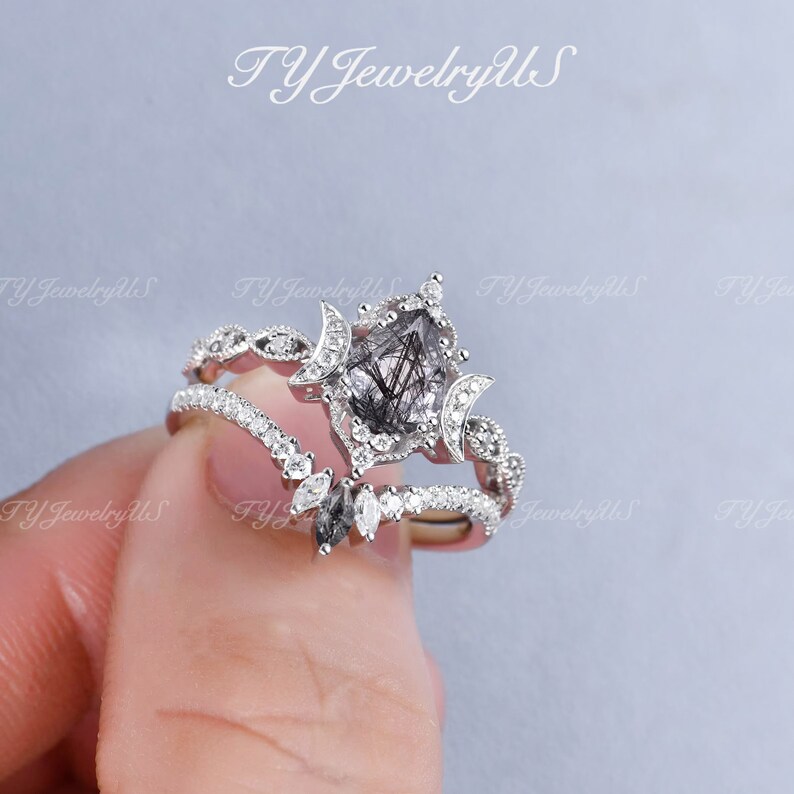 Black Crystal Engagement Ring Set White Gold Bridal Set - Etsy