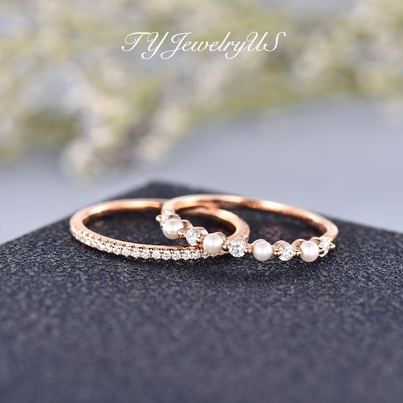 Wedding Bands Woman Pearl Diamond Wedding Band Set Pearl Cluster Ring ...