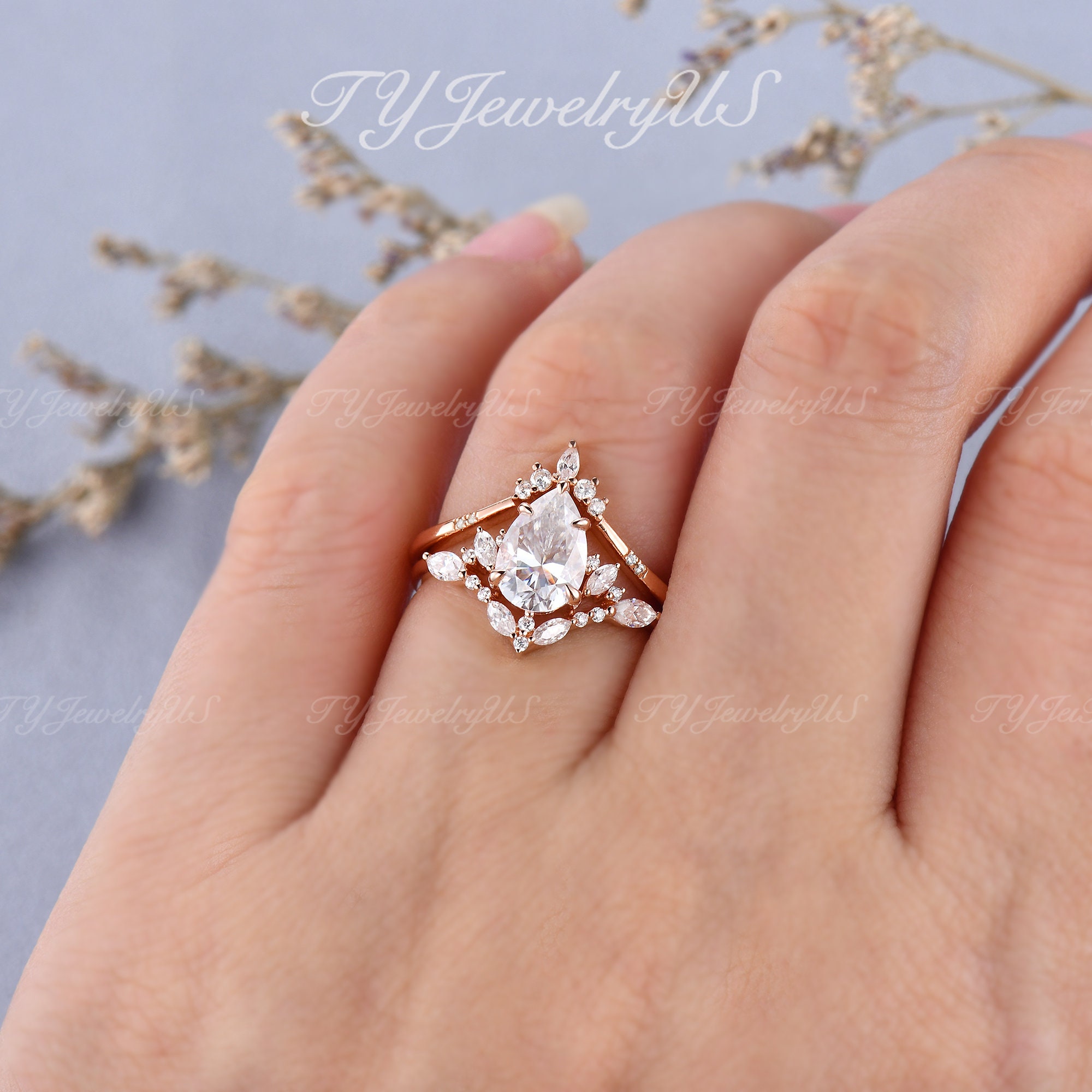 Rose Gold Tear Drop Moissanite Engagement Ring Set Unique Marquise ...