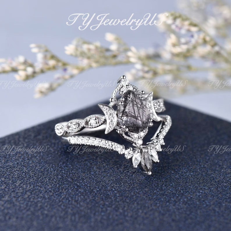 Black Crystal Engagement Ring Set White Gold Bridal Set - Etsy