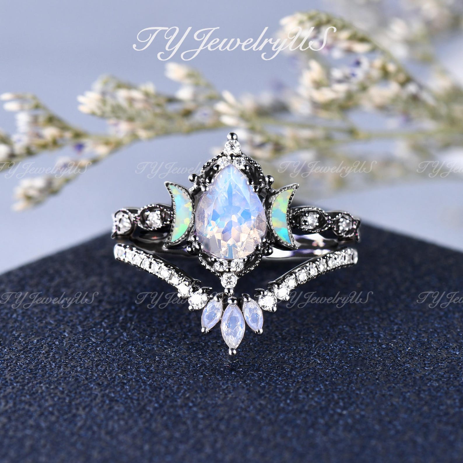 Pear Moonstone Engagement Ring Set 2pcs Black Gold Crescent Moon Opal ...