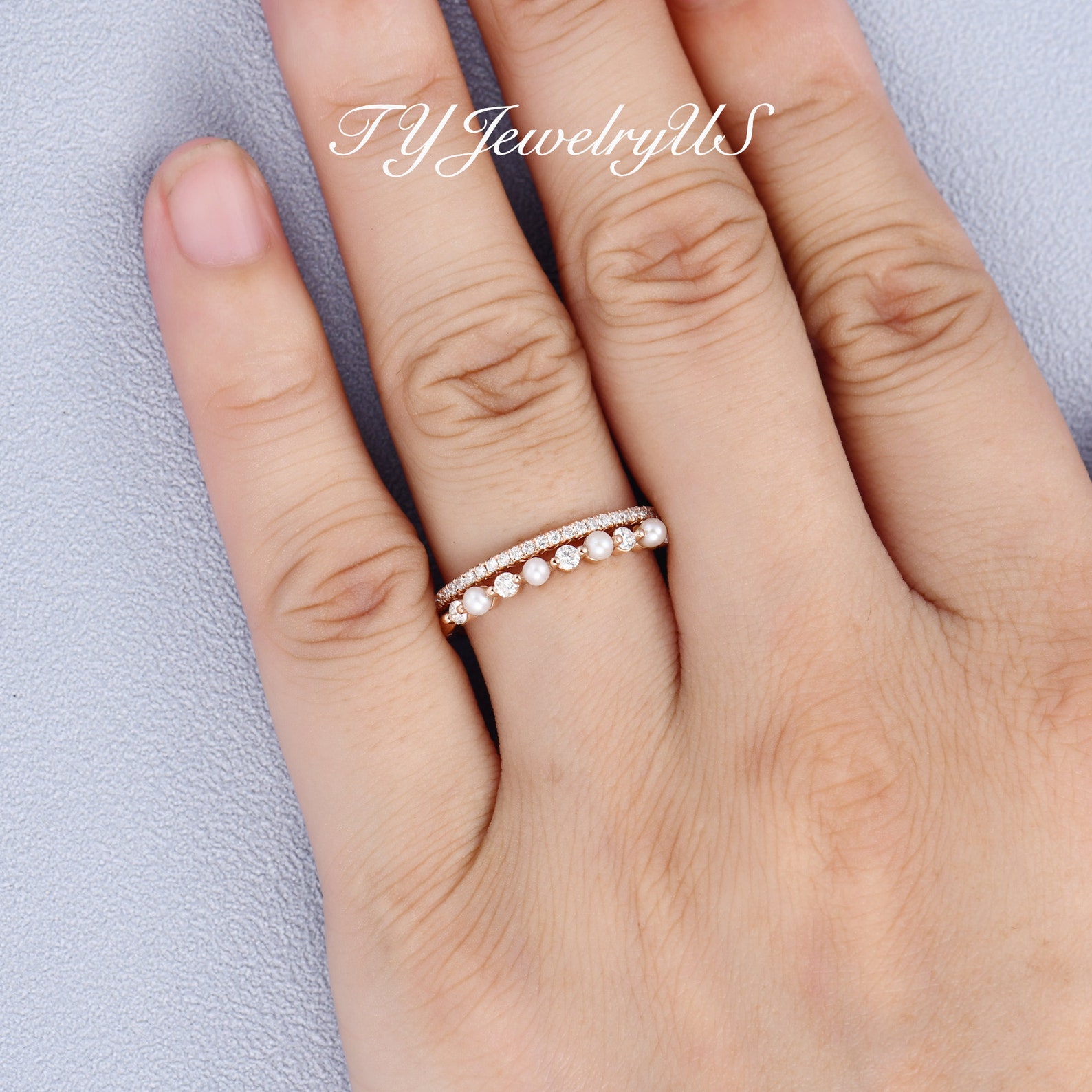 Wedding Bands Woman Pearl Diamond Wedding Band Set Pearl - Etsy