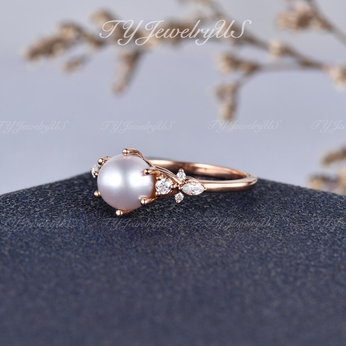 Rose Gold Natural Pearl Engagement Ring 7mm Round Pearl Bridal Ring ...