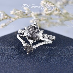 Black Crystal Engagement Ring Set White Gold Bridal Set Cluster Quartz ...