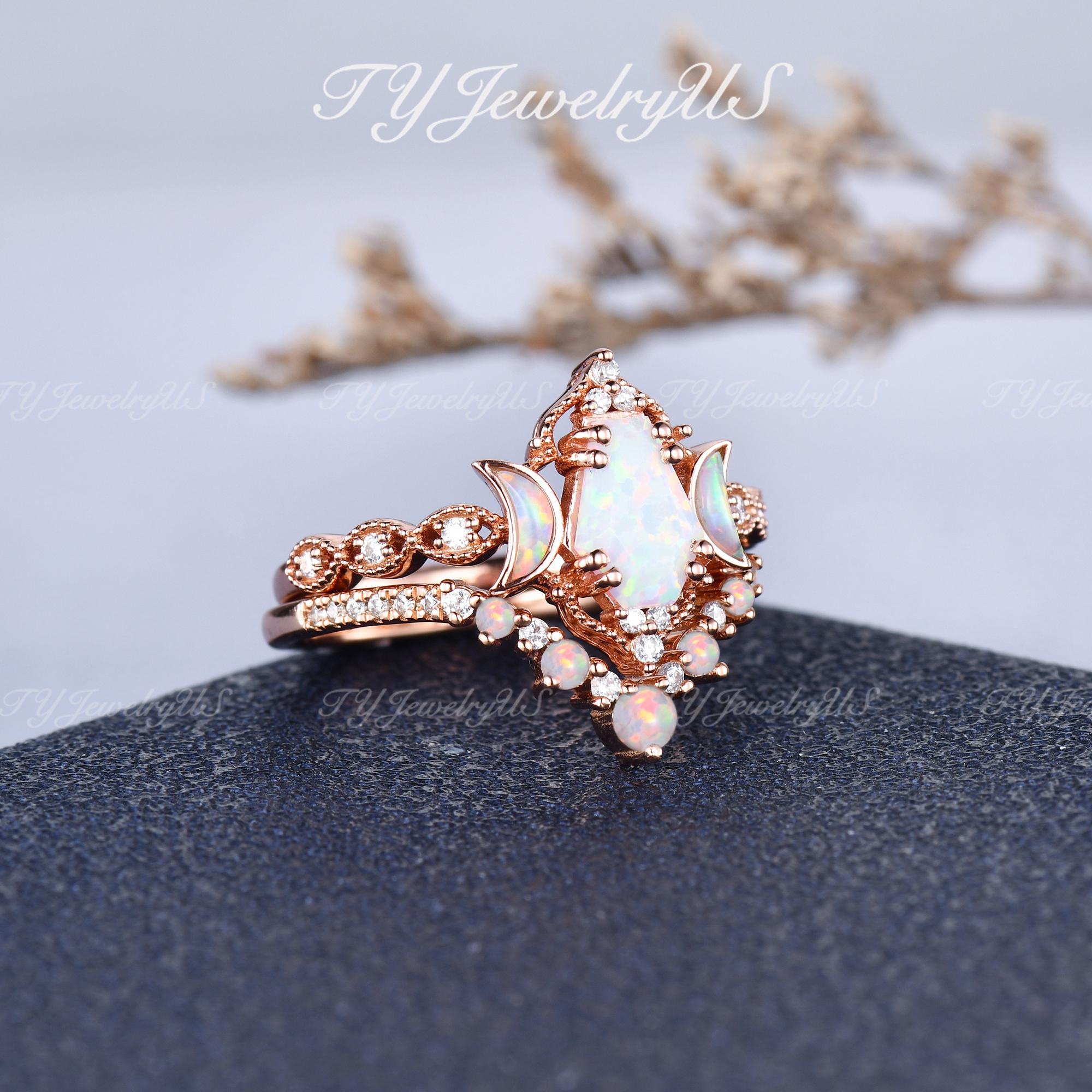 Coffin Cut Opal Engagement Ring Set Rose Gold Moon Bridal Set Fire ...