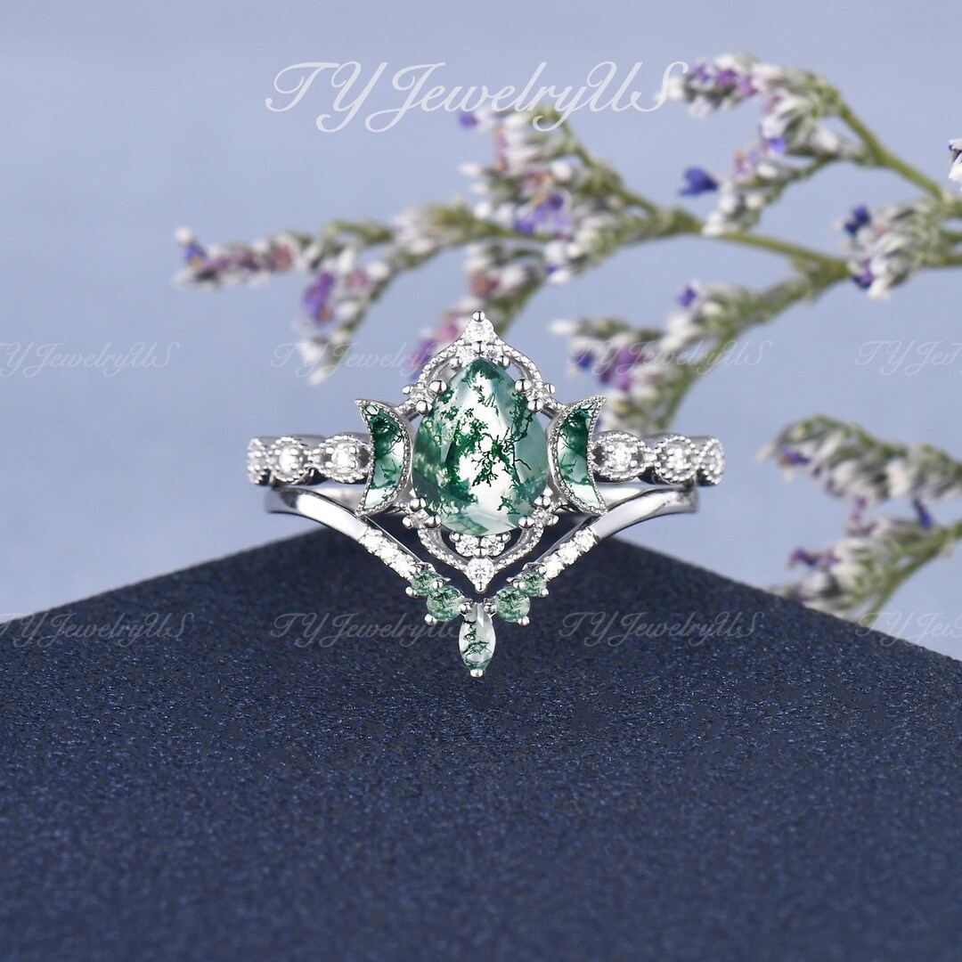 Crescent Moon Moss Agate Engagement Ring Set Pear Shaped Agate Bridal ...