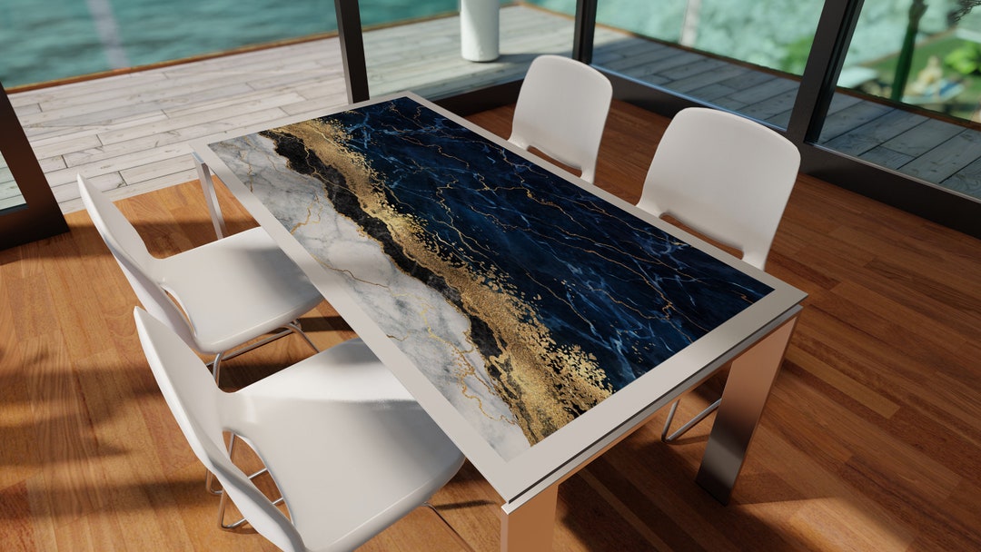 Blue Gold Marble Marble Tablecloth Blue Abstract Art Table - Etsy