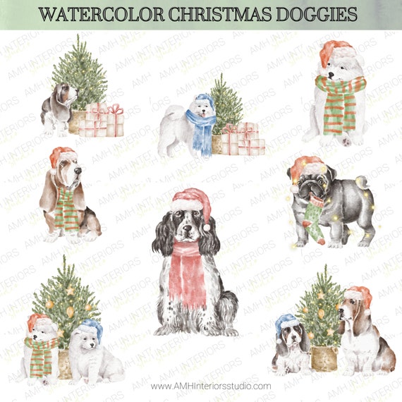 Printable Watercolor Christmas Dogs Clipart Digital Stickers - Etsy