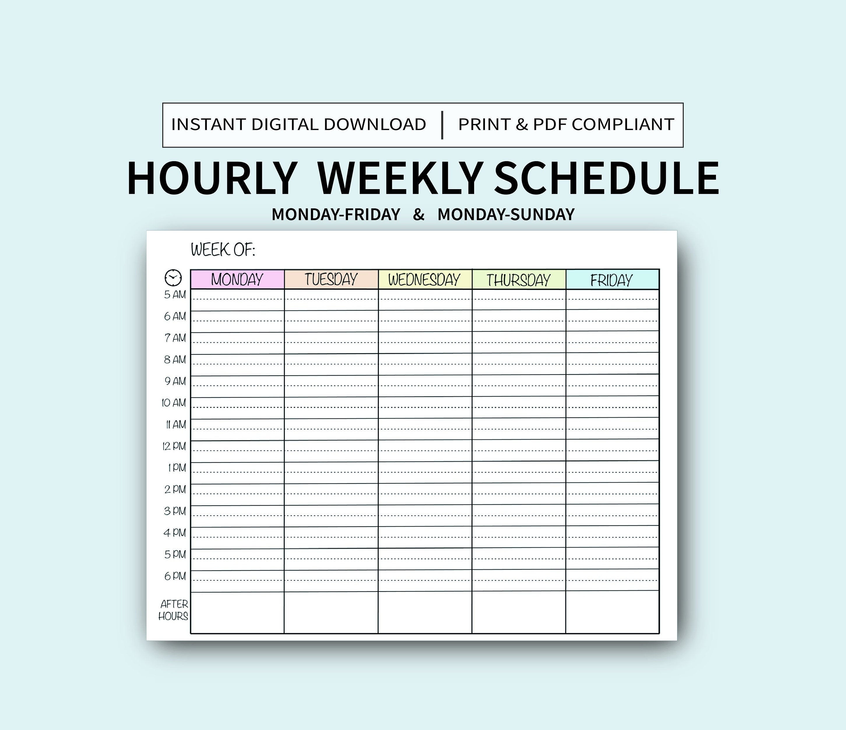 Hourly Weekly Schedule, Color Coded Weekly Planner Printable, Colorful ...