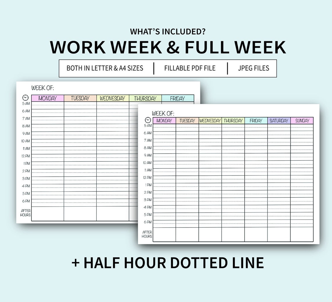 Hourly Weekly Schedule, Color Coded Weekly Planner Printable, Colorful ...