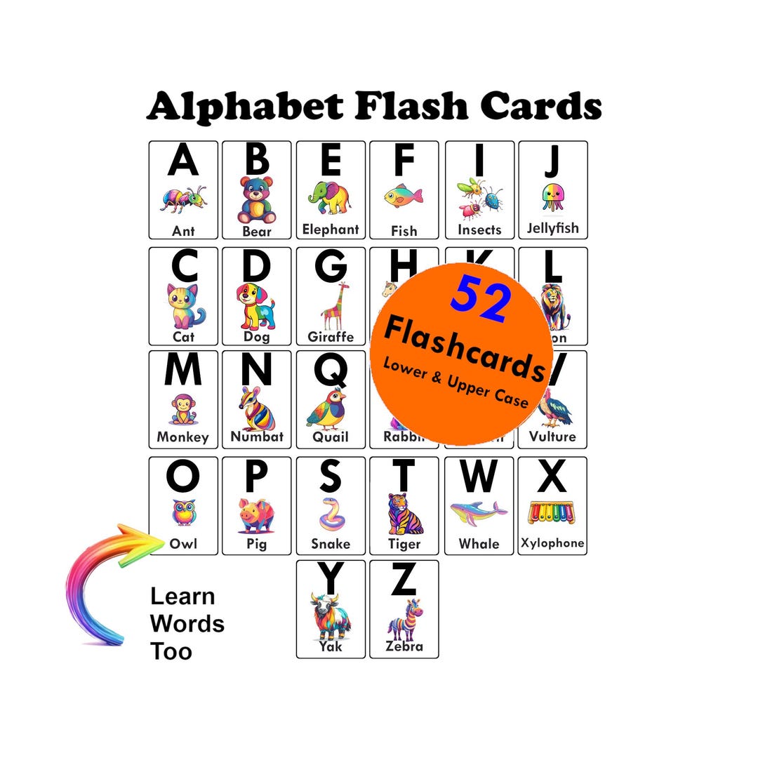 52 Alphabet Flashcards - Upper and Lower Case With Image Clues and ...