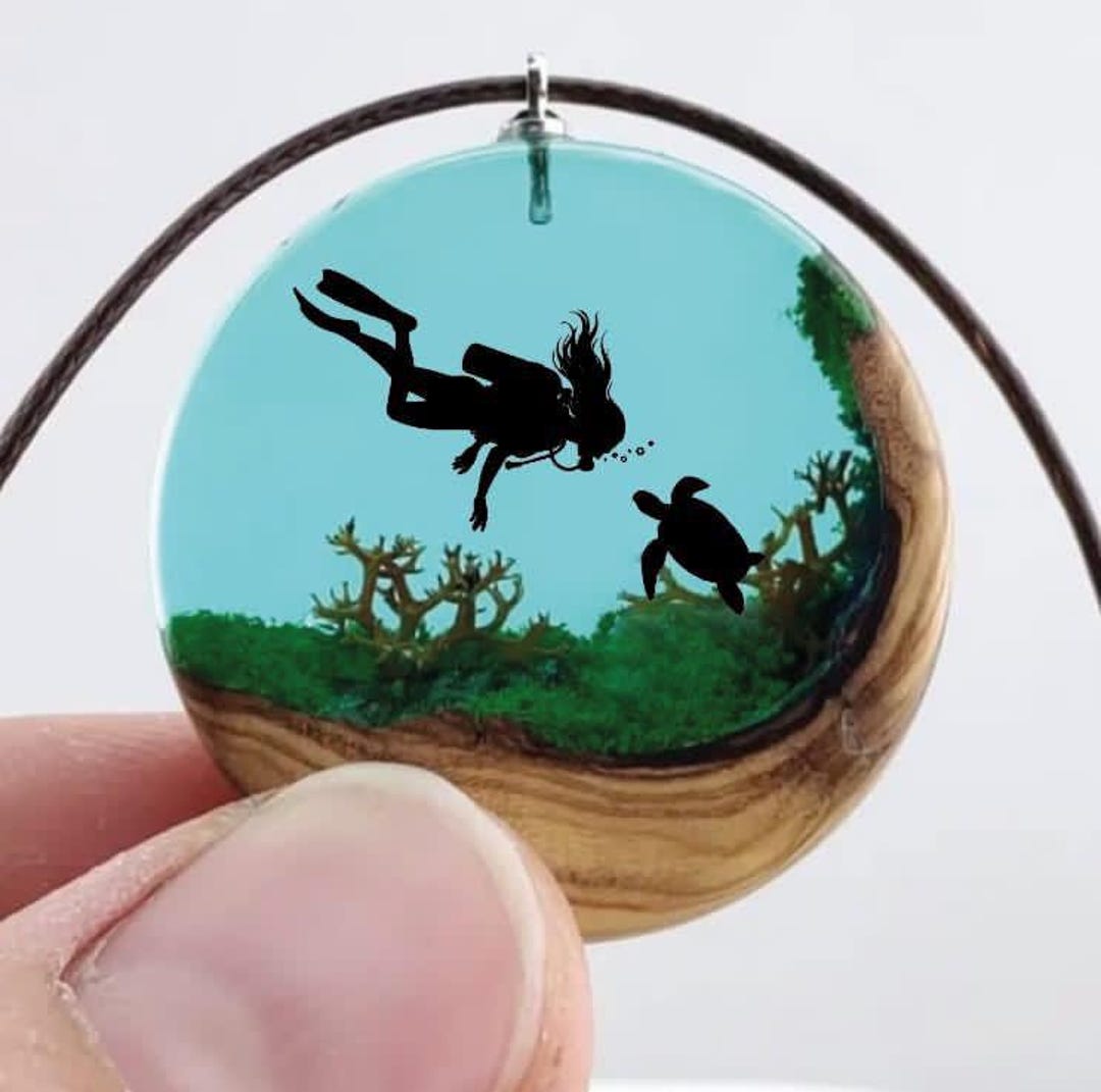 Diver and Sea Turtle Necklace – Handmade Wood and Resin Pendant – Scuba ...