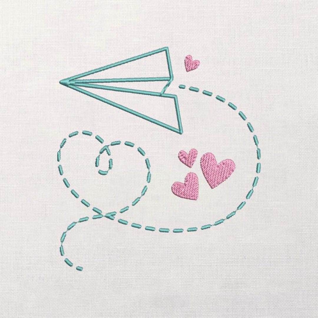 Paper Airplane Embroidery Design, Heart Trail Outline, Cute Love Stitch ...