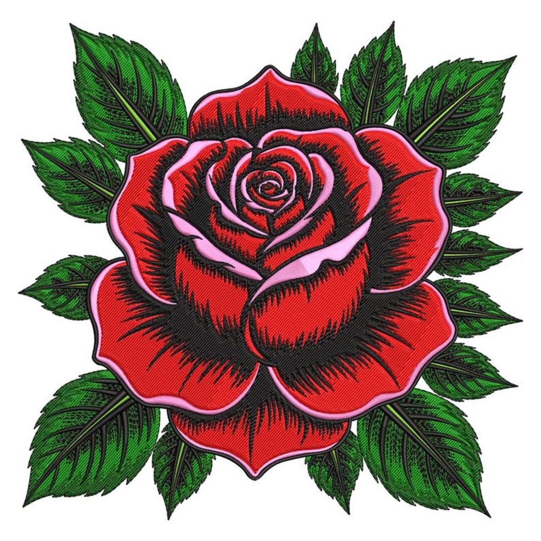 Rose Embroidery Design, Bold Red Flower With Leaves, Machine Embroidery ...