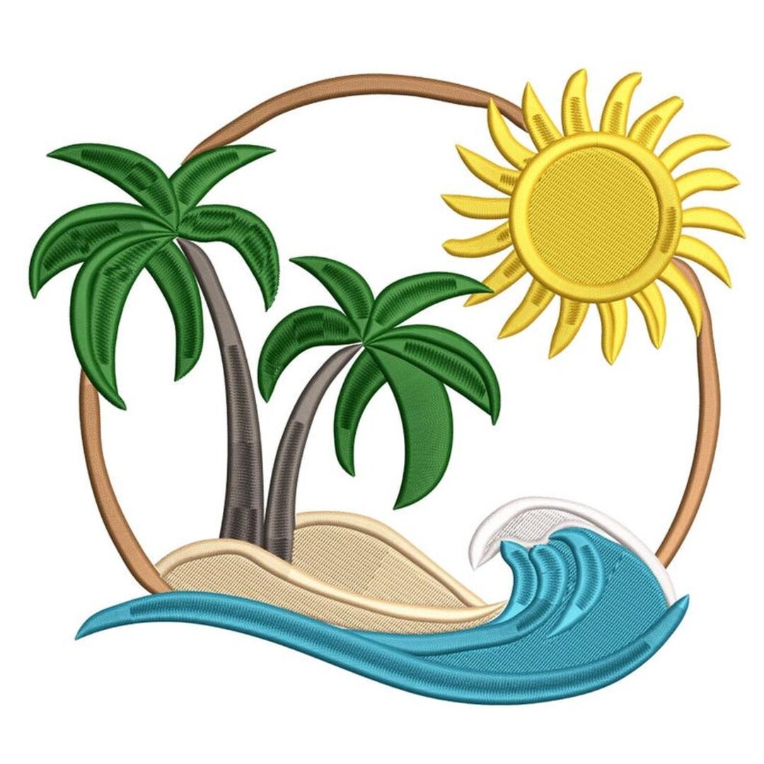 Beach Scene Embroidery Design, Palm Trees With Sun and Wave, Tropical ...