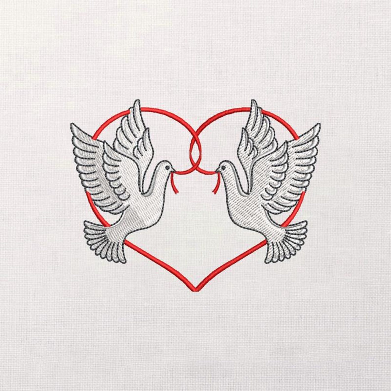 Pair of Doves Heart Embroidery Design, Romantic Birds Outline, Wedding ...