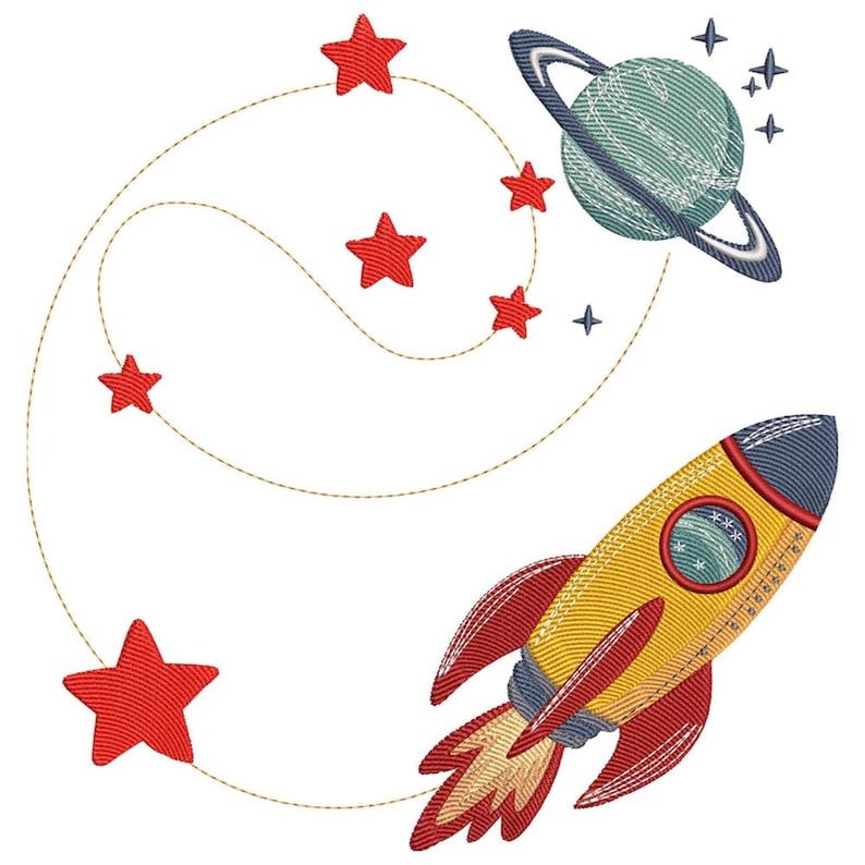 Rocket Ship Embroidery Design, Space Scene With Stars and Ringed Planet ...