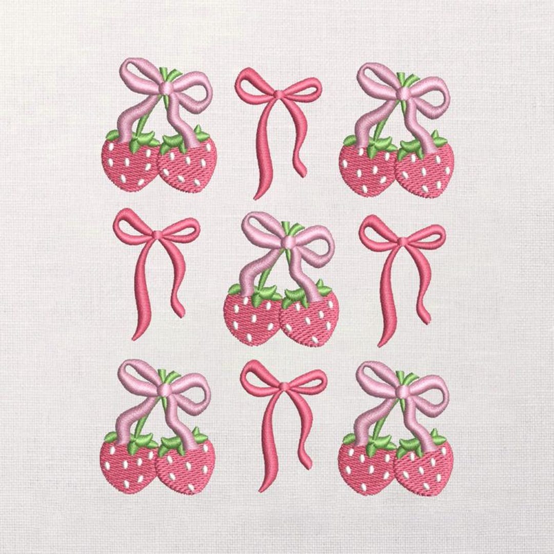 Strawberry Bow Embroidery Design Set, Sweet Berry Motifs, Satin Stitch ...