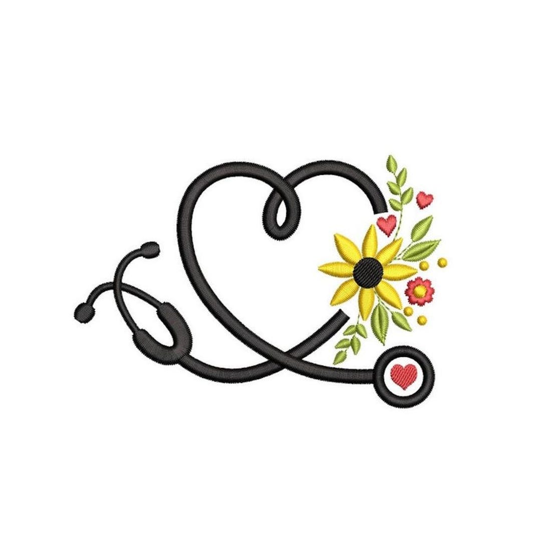 Stethoscope Heart Embroidery Design, Sunflower Floral Nurse Motif ...
