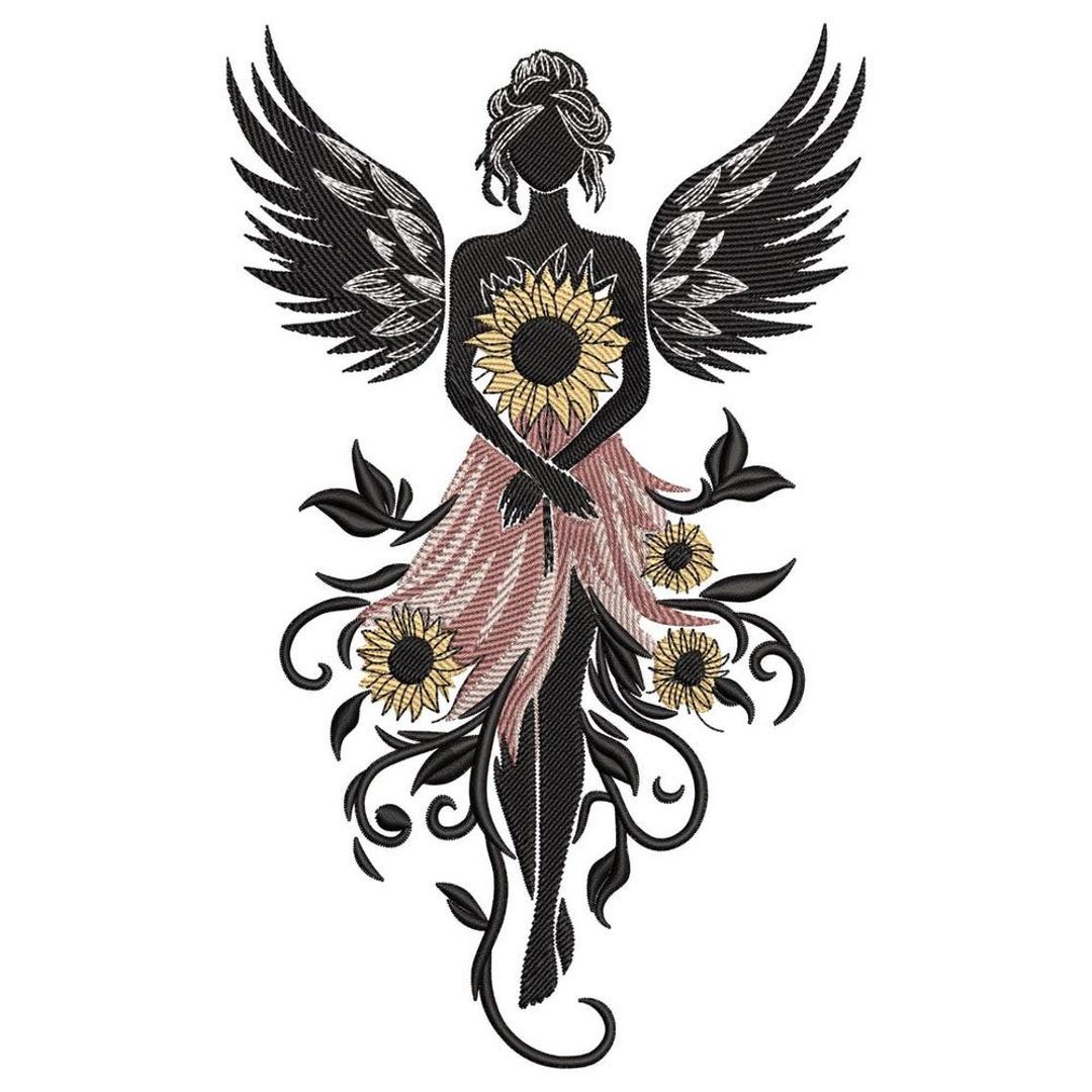 Sunflower Angel Embroidery Design, Girl With Wings Machine Embroidery ...