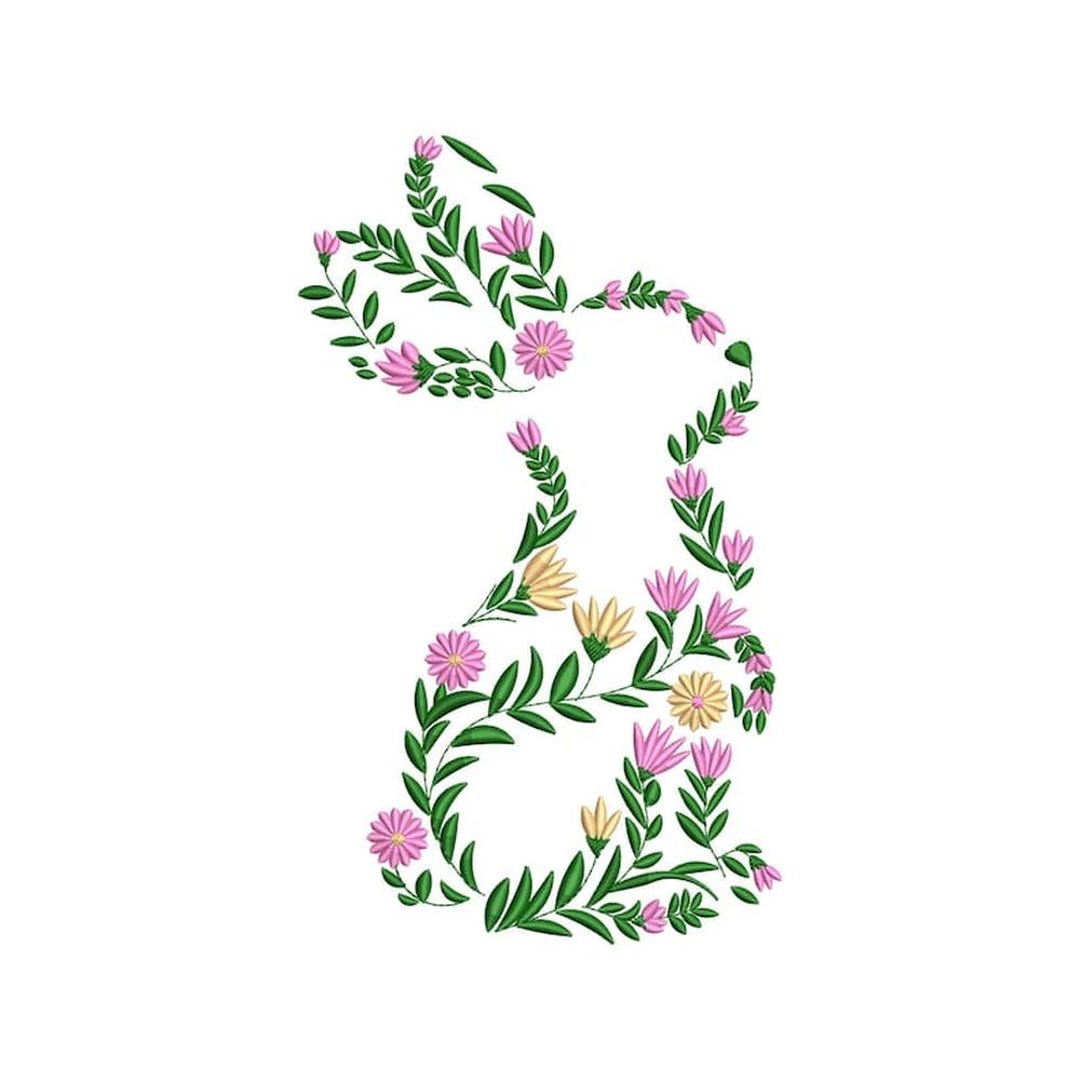 Easter Rabbit Embroidery Design, Floral Outline Bunny, Green Leaves ...