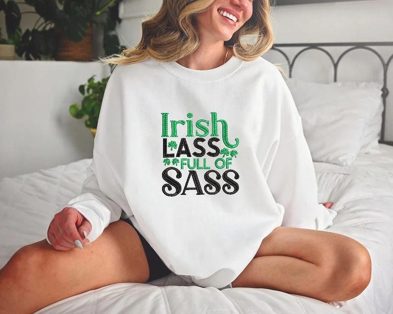 Irish Lass Embroidery Design, Cheeky Shamrock Lettering, St Patrick ...