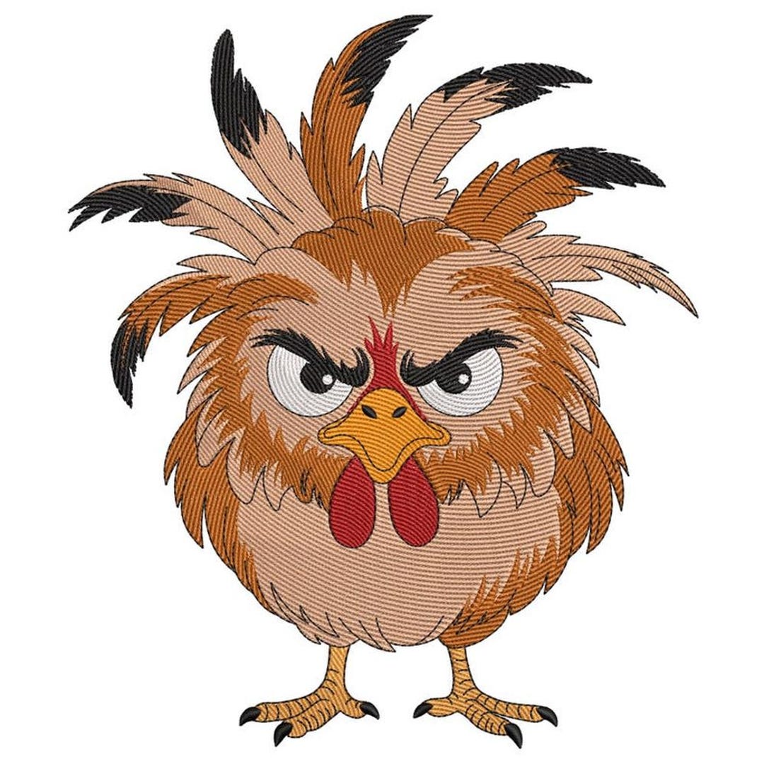 Grumpy Chicken Embroidery Design, Shaggy Feather Cartoon, Digital ...