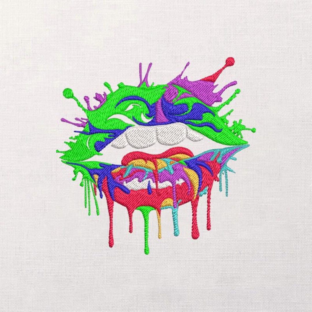 Drippy Lips Embroidery Design, Pop Art Mouth, Paint Splash Stitch ...