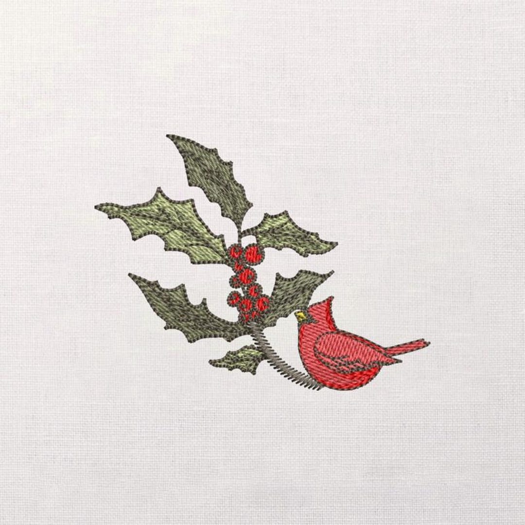 Cardinal and Holly Embroidery Design, Winter Bird Pattern, Christmas ...