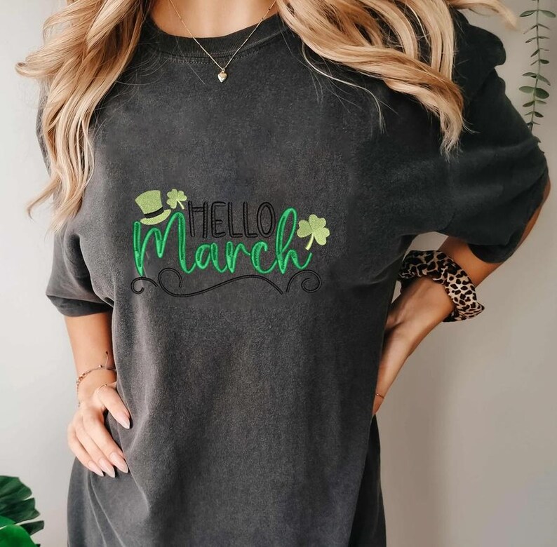 Hello March Embroidery Design, Shamrock Script Machine File, St Patrick ...