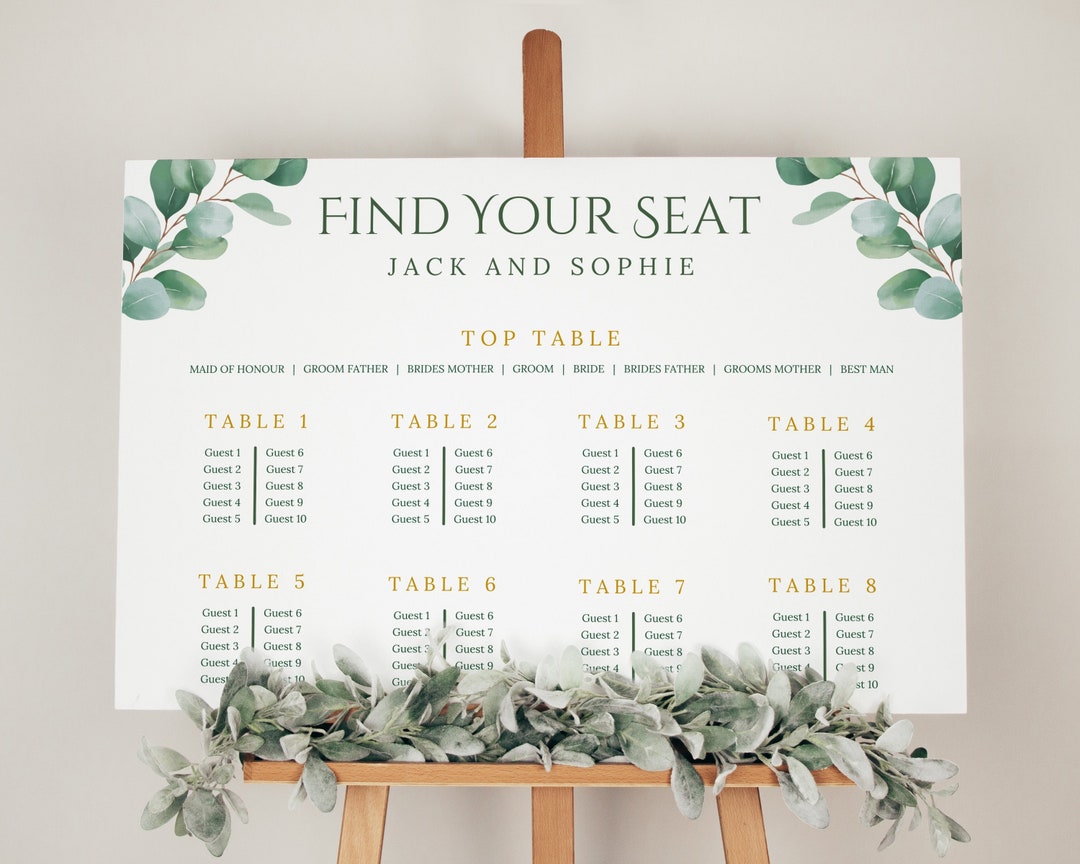 Eucalyptus Seating Plan, Personalised Wedding Table Plan, Wedding ...