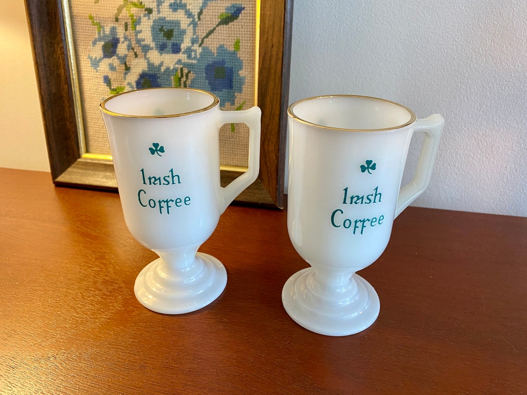 Vintage Irish Coffee Set of 2 Footed Mugs White Milk Glass With irish ...