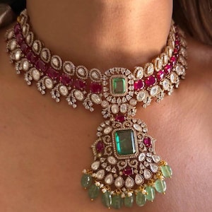 Kundan Choker Necklace: Indian Bridal Jadau Jewelry, Emerald Pink Ruby ...