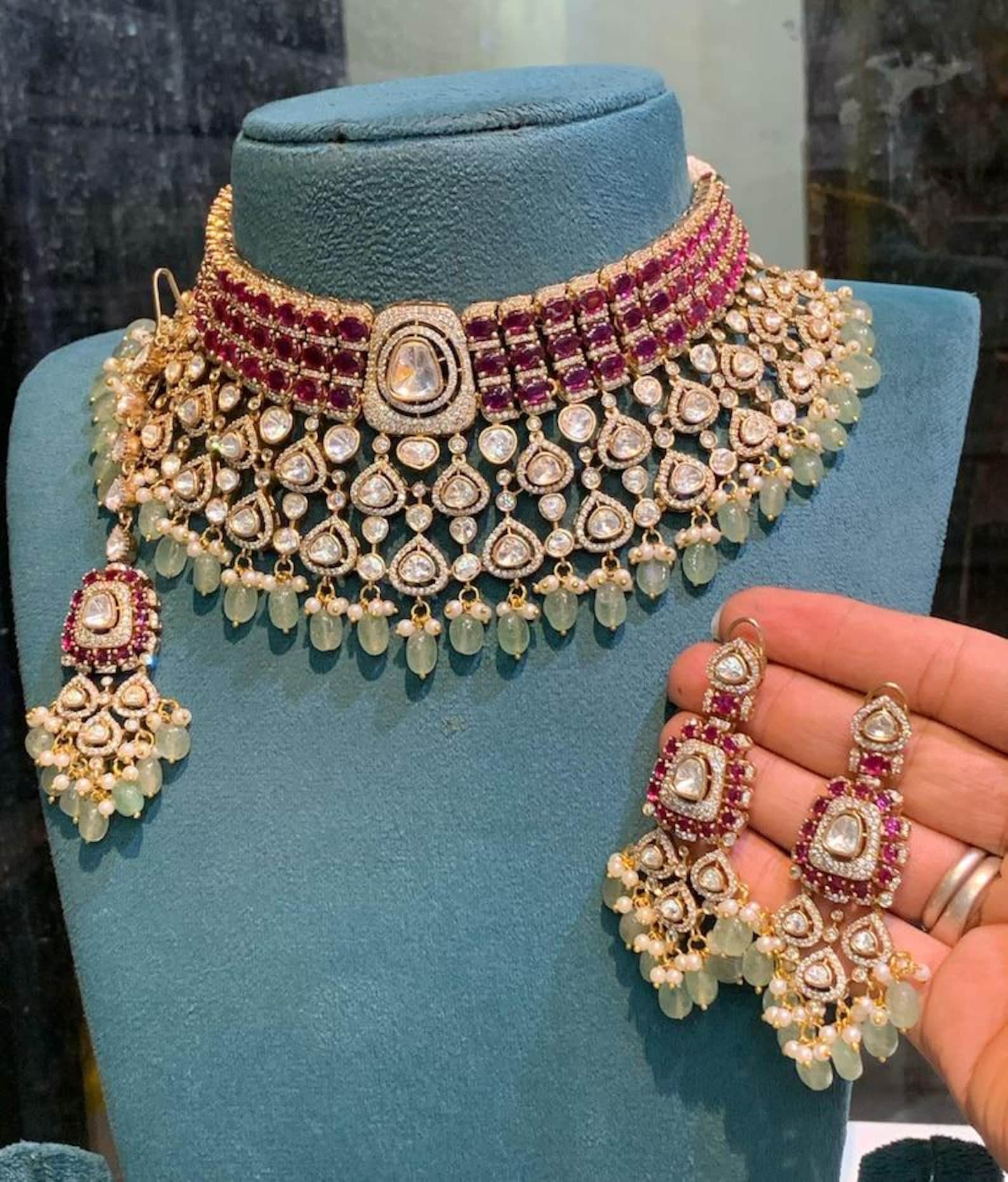 Moissanite Polki Choker: Ruby, Mint Drop Kundan Necklace - Etsy