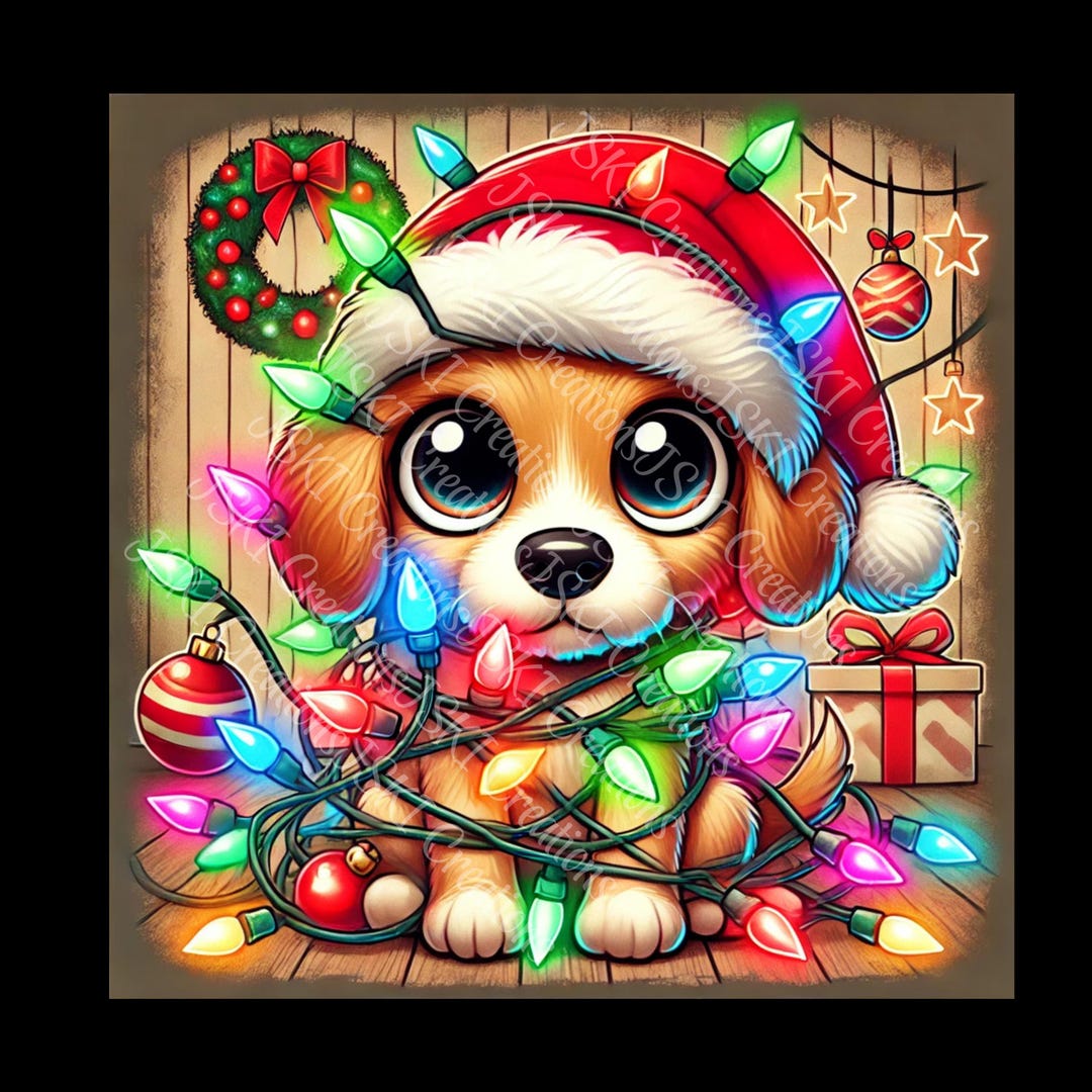 Cute Cartoon Puppy Wearing a Santa Hat Tangled in Christmas Lights ...