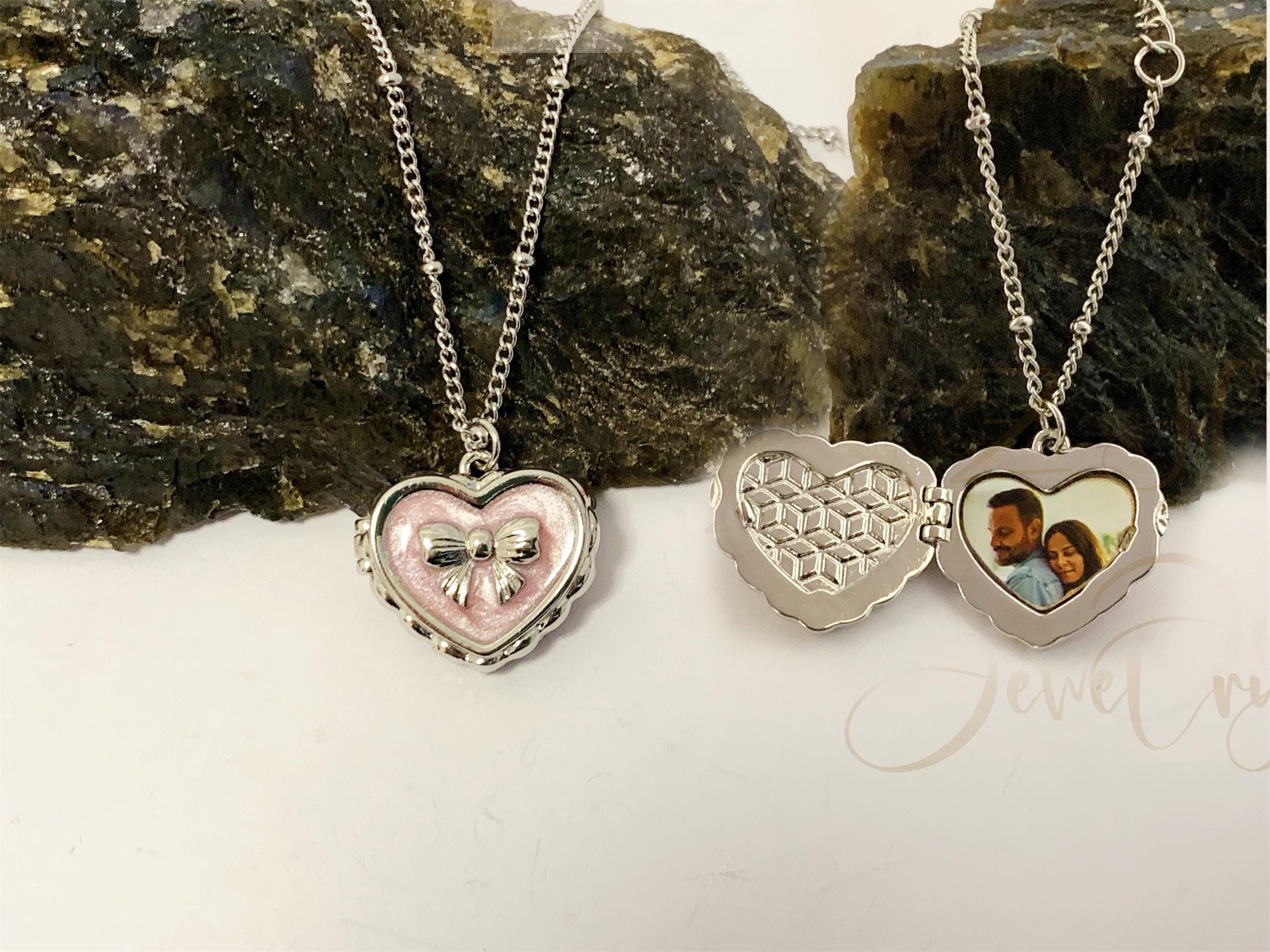 Personalized Pink Heart Locket Necklace ,waterproof Photo Bow Necklace ...