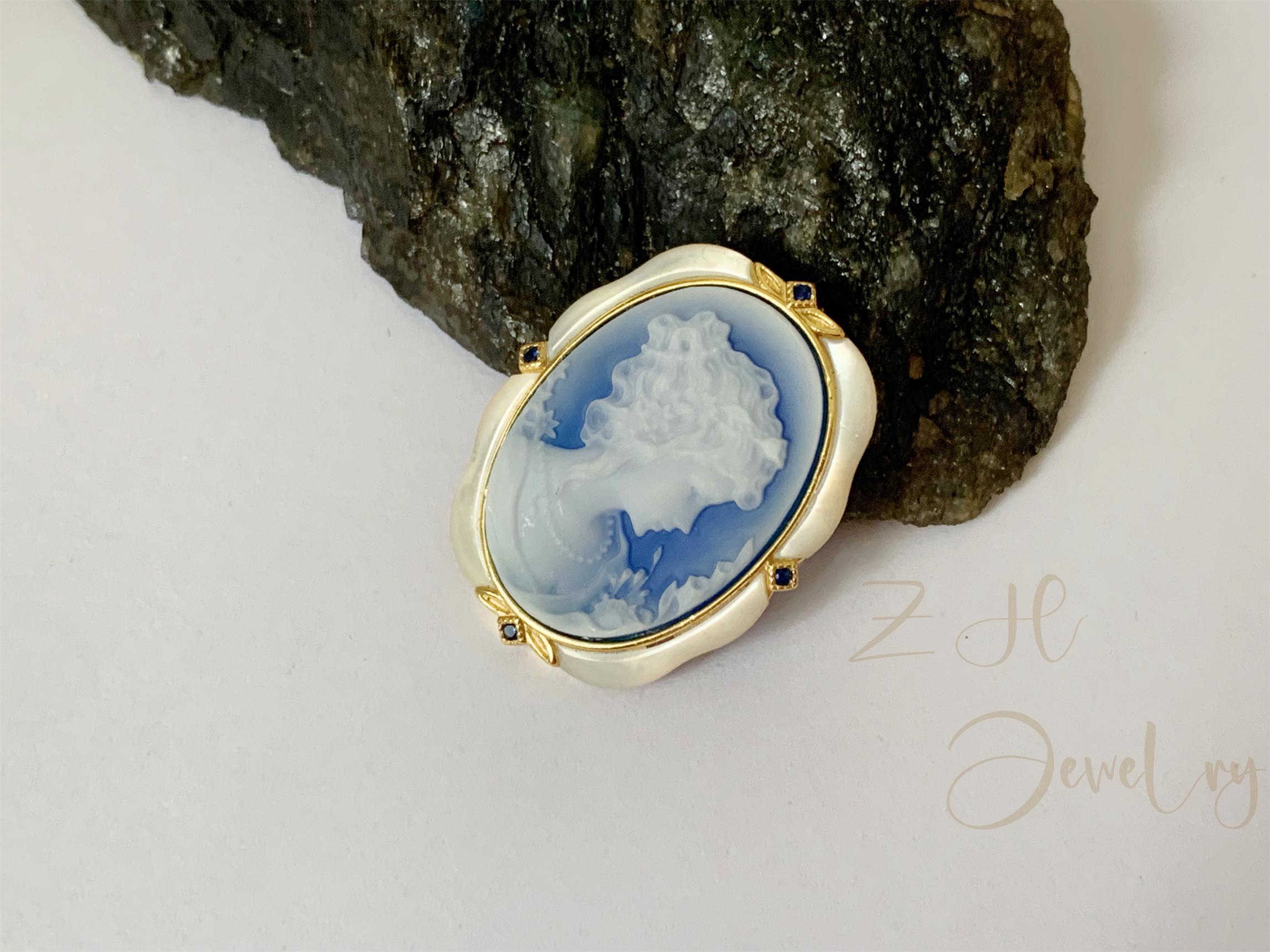 Shell Cameo Necklace,blue Agate Cameo Brooch Pins,vintage Gemstone ...