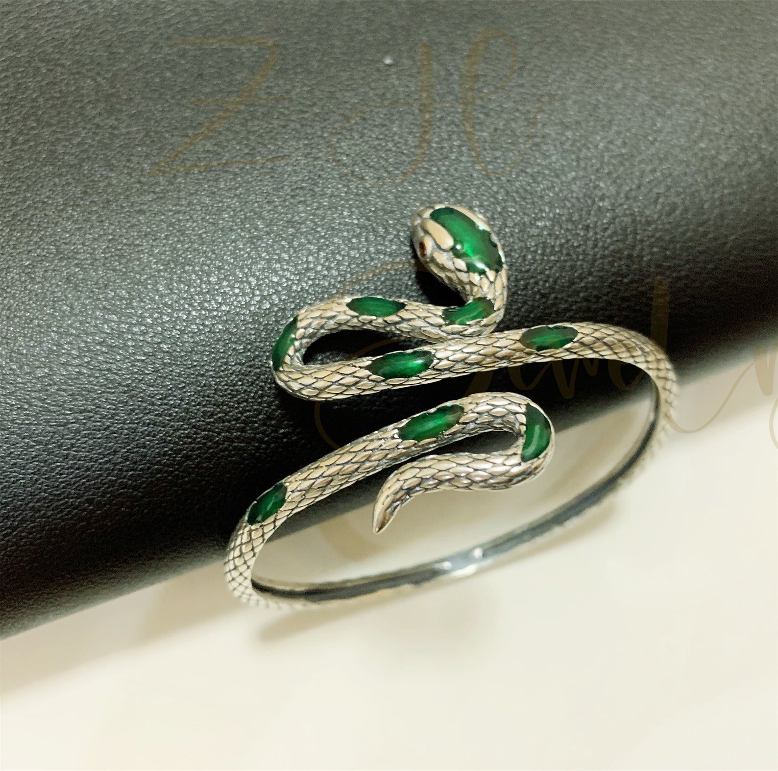 Snake Bangle Arm Cuff,stelring Silver Serpent Bracelet,green Enamel ...