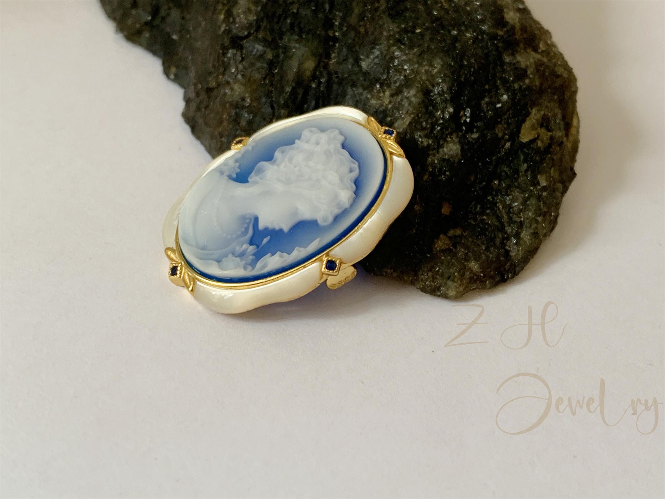 Shell Cameo Necklace,blue Agate Cameo Brooch Pins,vintage Gemstone ...