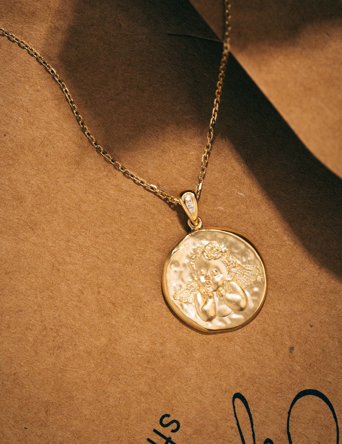 Angel Medallion Necklacecherub Necklace18k Solid Yellow Gold - Etsy