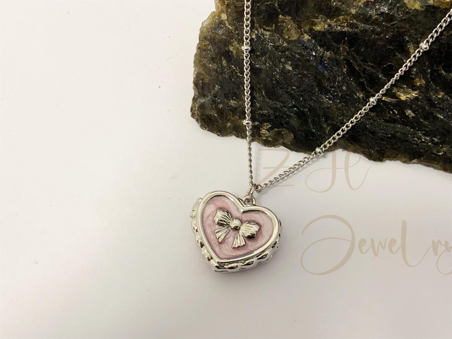 Personalized Pink Heart Locket Necklace ,waterproof Photo Bow Necklace ...
