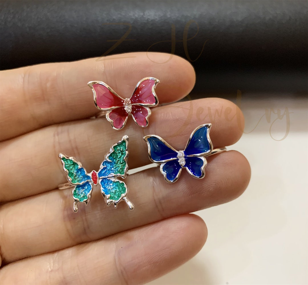 Stelring Silver Cute Butterfly Ring for Girls,blue ,pink,green Enamle ...